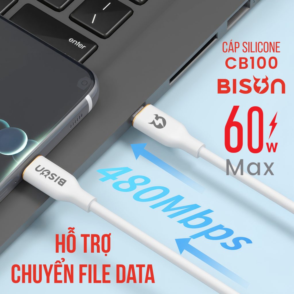 Cáp sạc Bison PD 60W CB100 C-C Silicone Cable - Bison