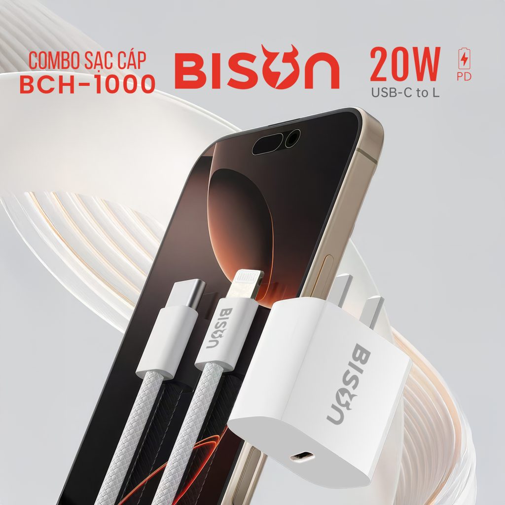Combo sạc cáp Bison 20W, USB-C to Lightning (C to L), BCH1000 - Bison