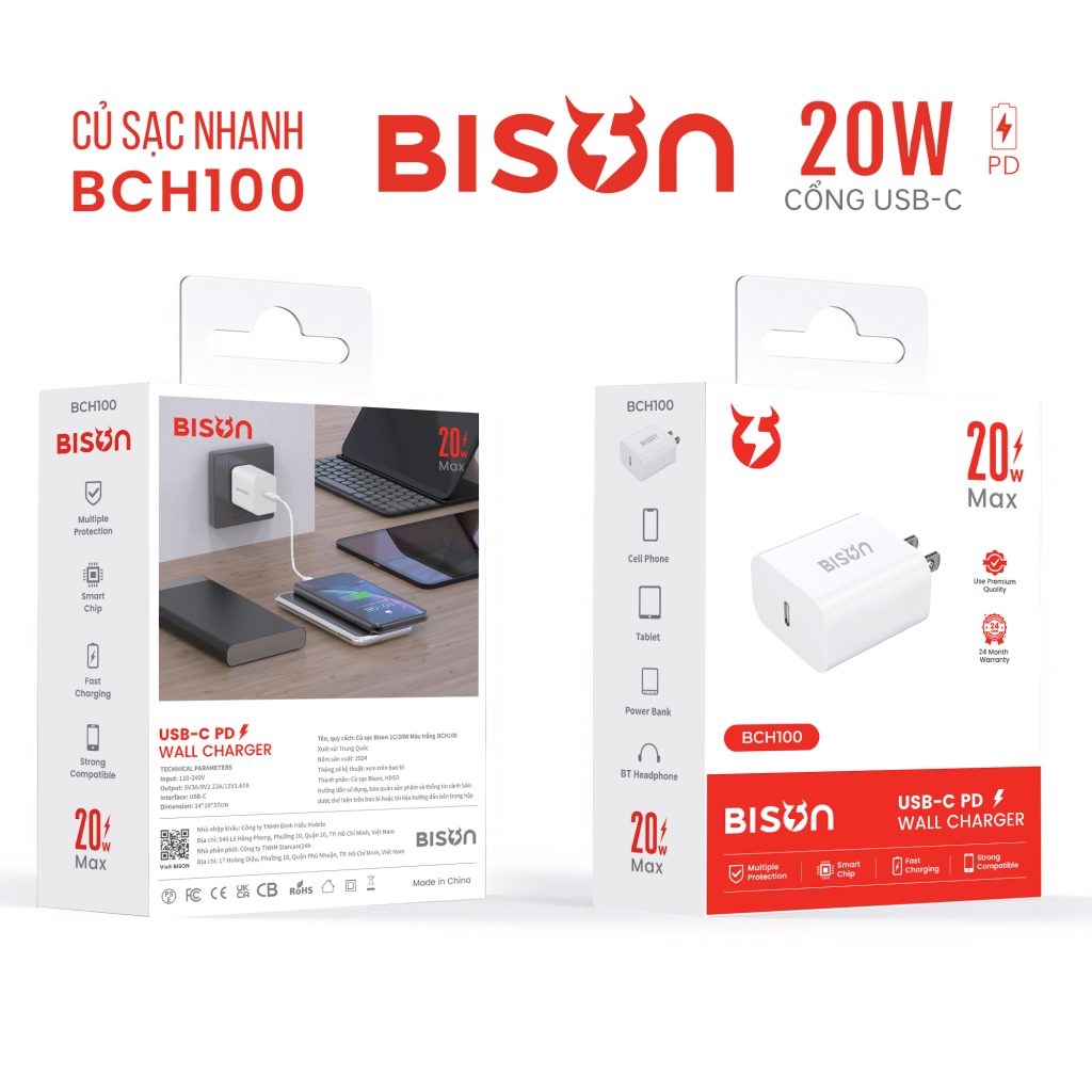 Củ sạc Bison 20W USB-C, nhỏ gọn 43gram, BCH100 - Bison