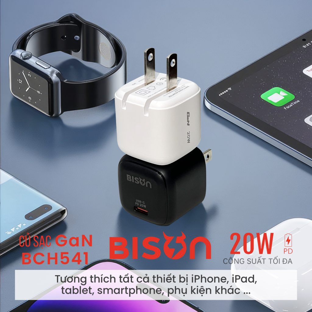 Củ sạc Bison GaN mini 20W USB-C, sạc nhanh PD, BCH541 - Bison