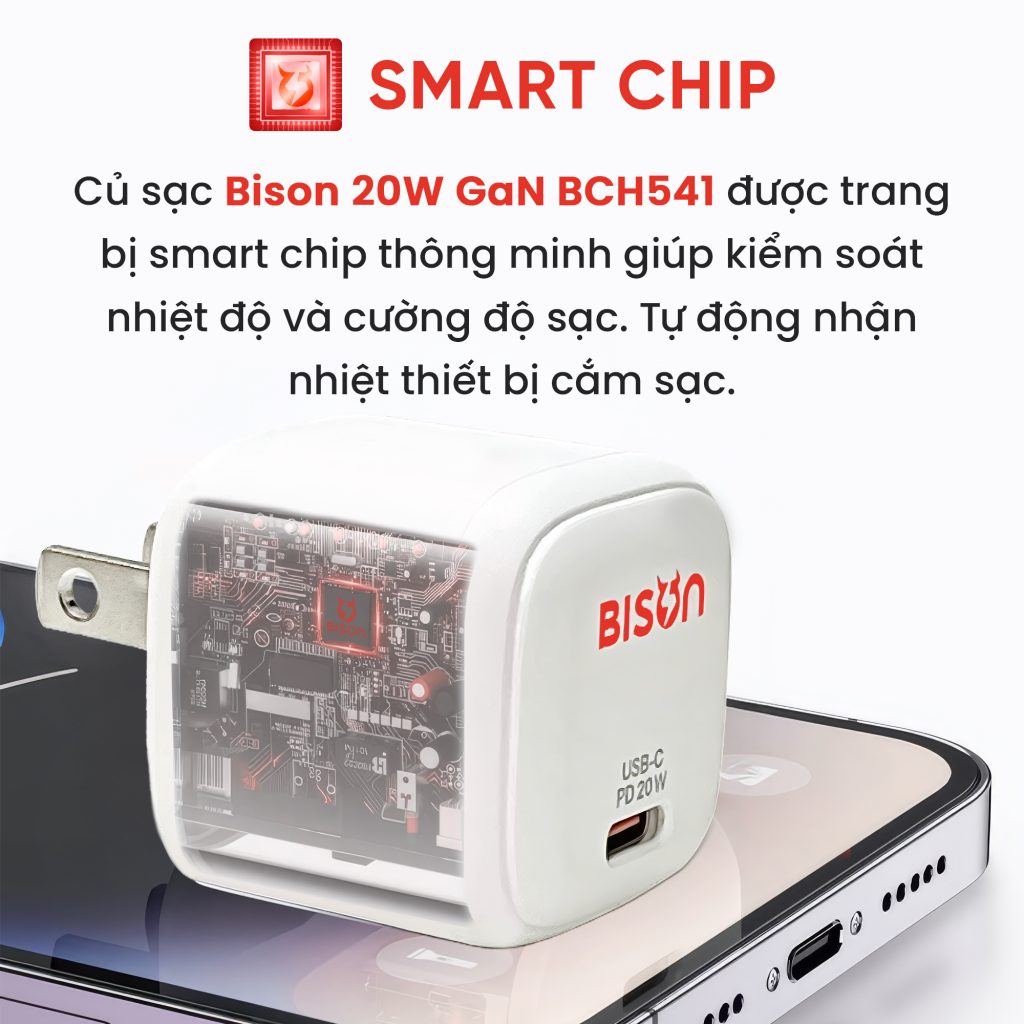 Củ sạc Bison GaN mini 20W USB-C, sạc nhanh PD, BCH541 - Bison